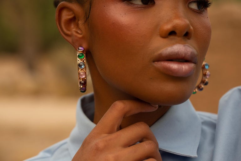 Shari Hoop Earrings in Rose Gold with Multiple Color Cabochon Gemstones ...