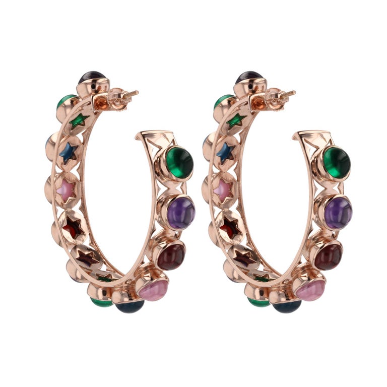 Shari Hoop Earrings in Rose Gold with Multiple Color Cabochon Gemstones ...