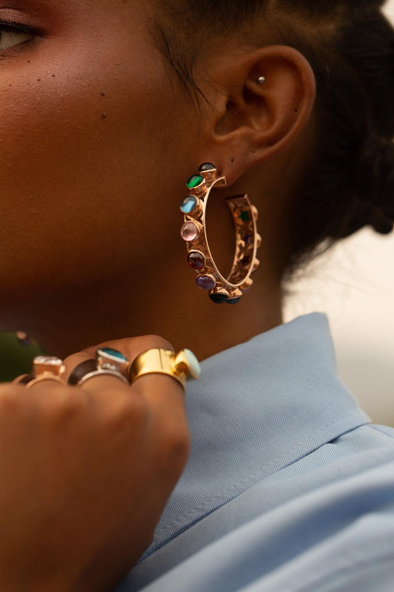 Shari Hoop Earrings in Rose Gold with Multiple Color Cabochon Gemstones ...