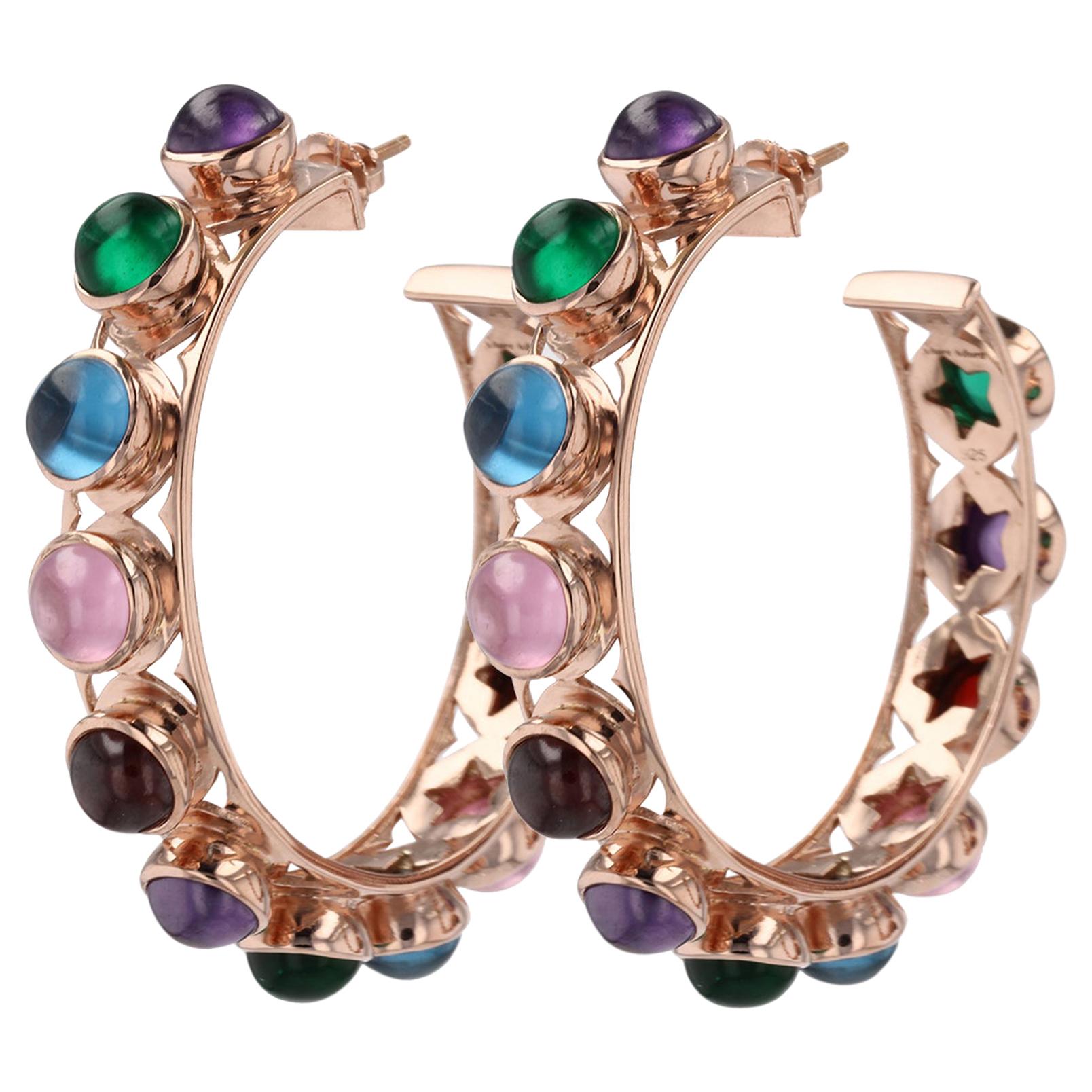 Shari Hoop Earrings in Rose Gold with Multiple Color Cabochon Gemstones ...