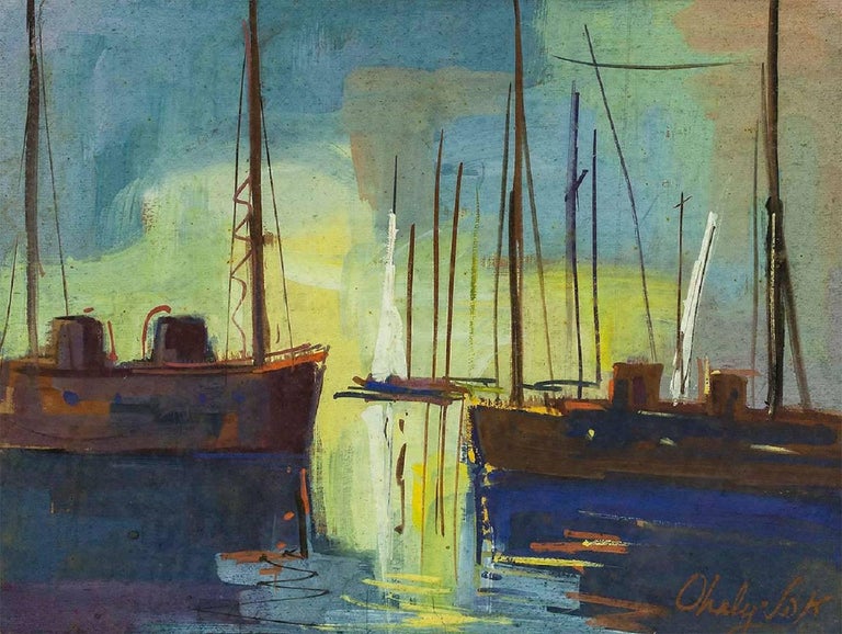 Shaul Ohaly - Untitled (Ships on the Ocean) Modernist Israeli Seascape ...