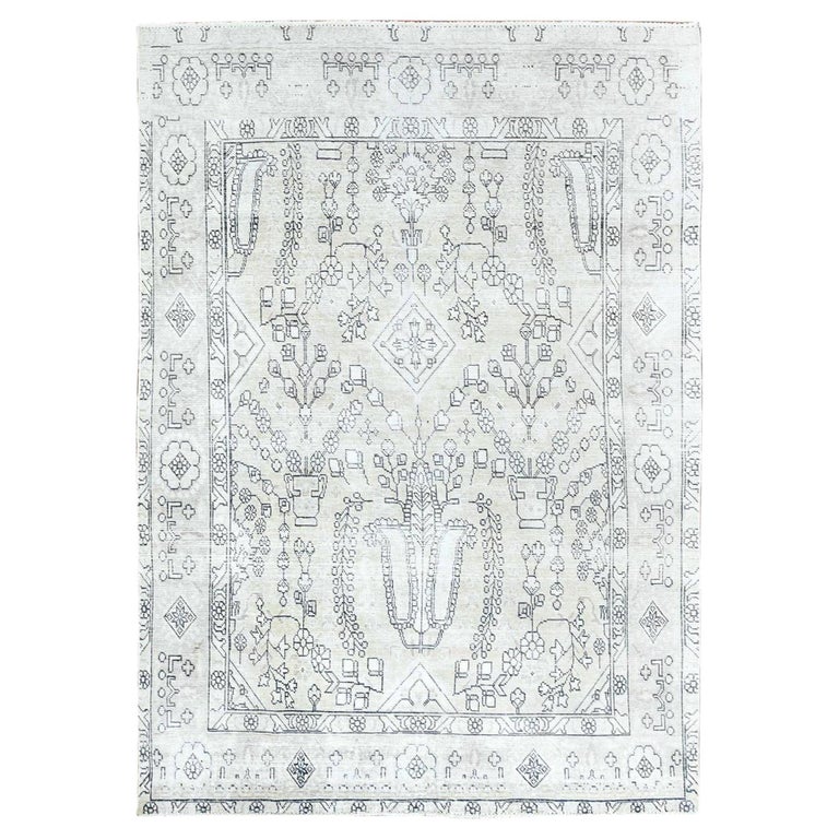 Shaved Down Hand Knotted Vintage White Wash Persian Tabriz Distressed ...