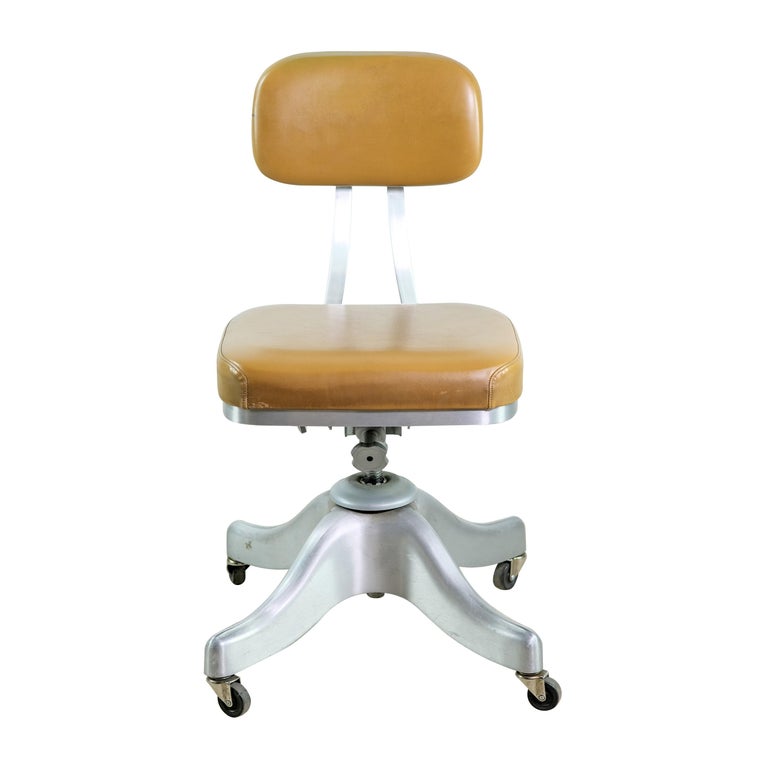 Shaw Walker Tan Leather Rolling Desk Chair w/ Aluminum Base - 1950s For ...