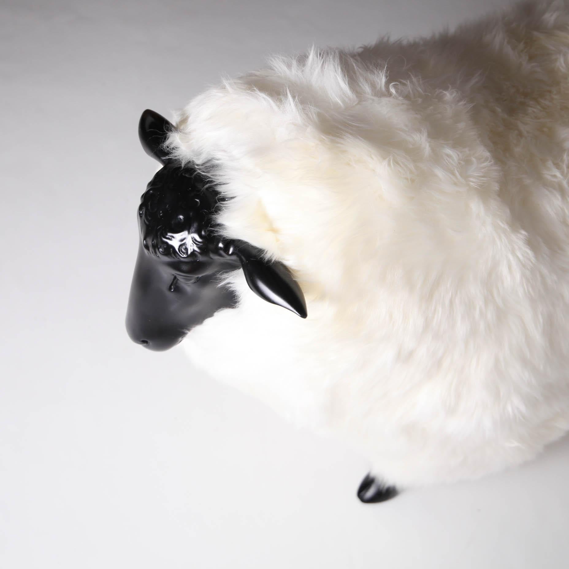 Sheep Sculpture / Footrest in Brass and Real Wool at 1stDibs