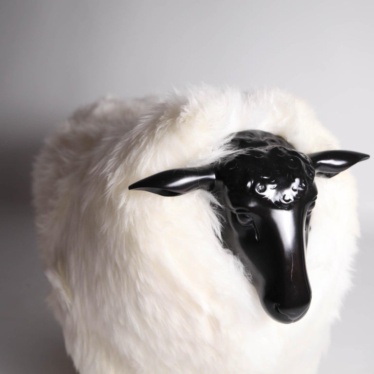 Sheep Sculpture / Footrest in Brass and Real Wool For Sale at 1stDibs