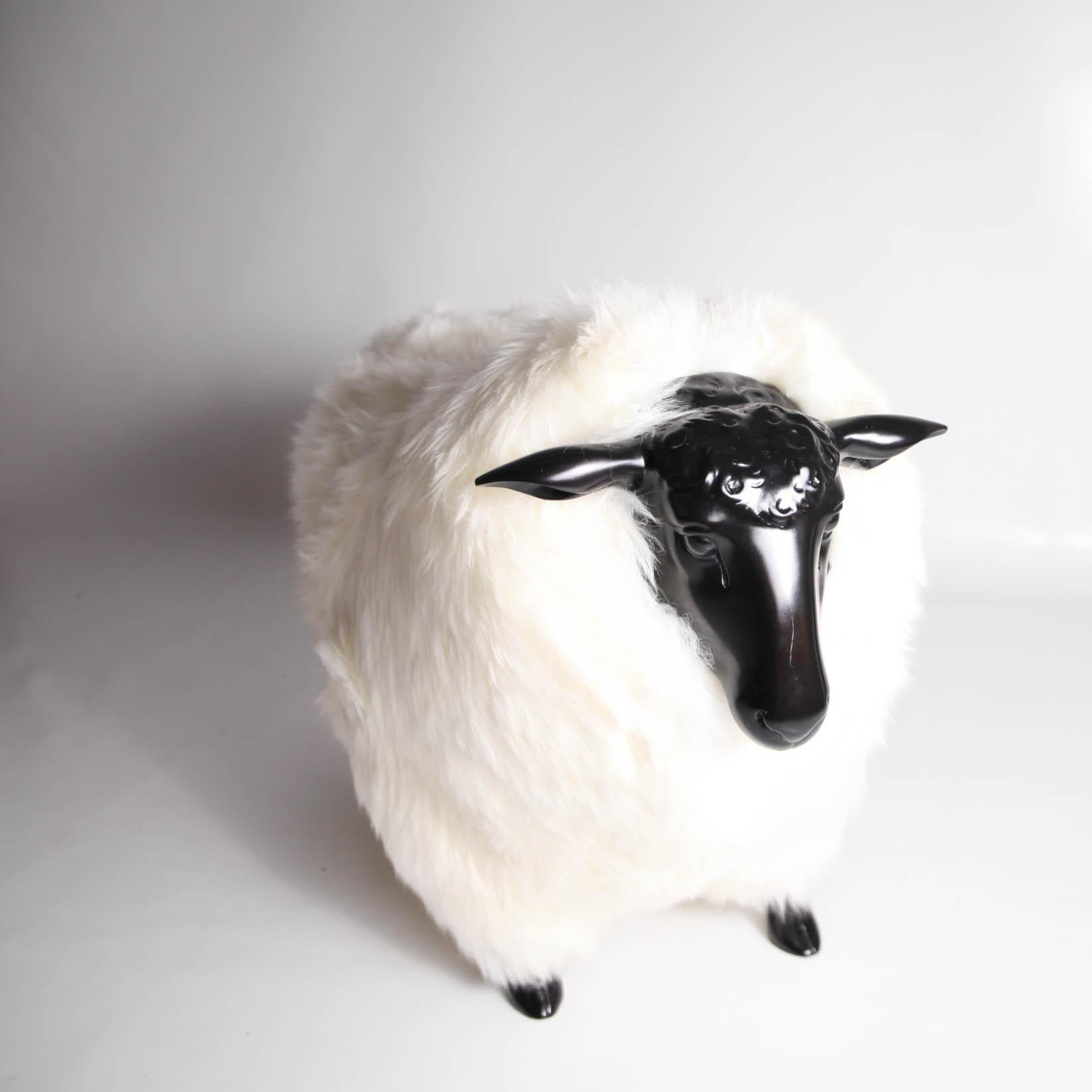 Sheep Sculpture / Footrest in Brass and Real Wool at 1stDibs