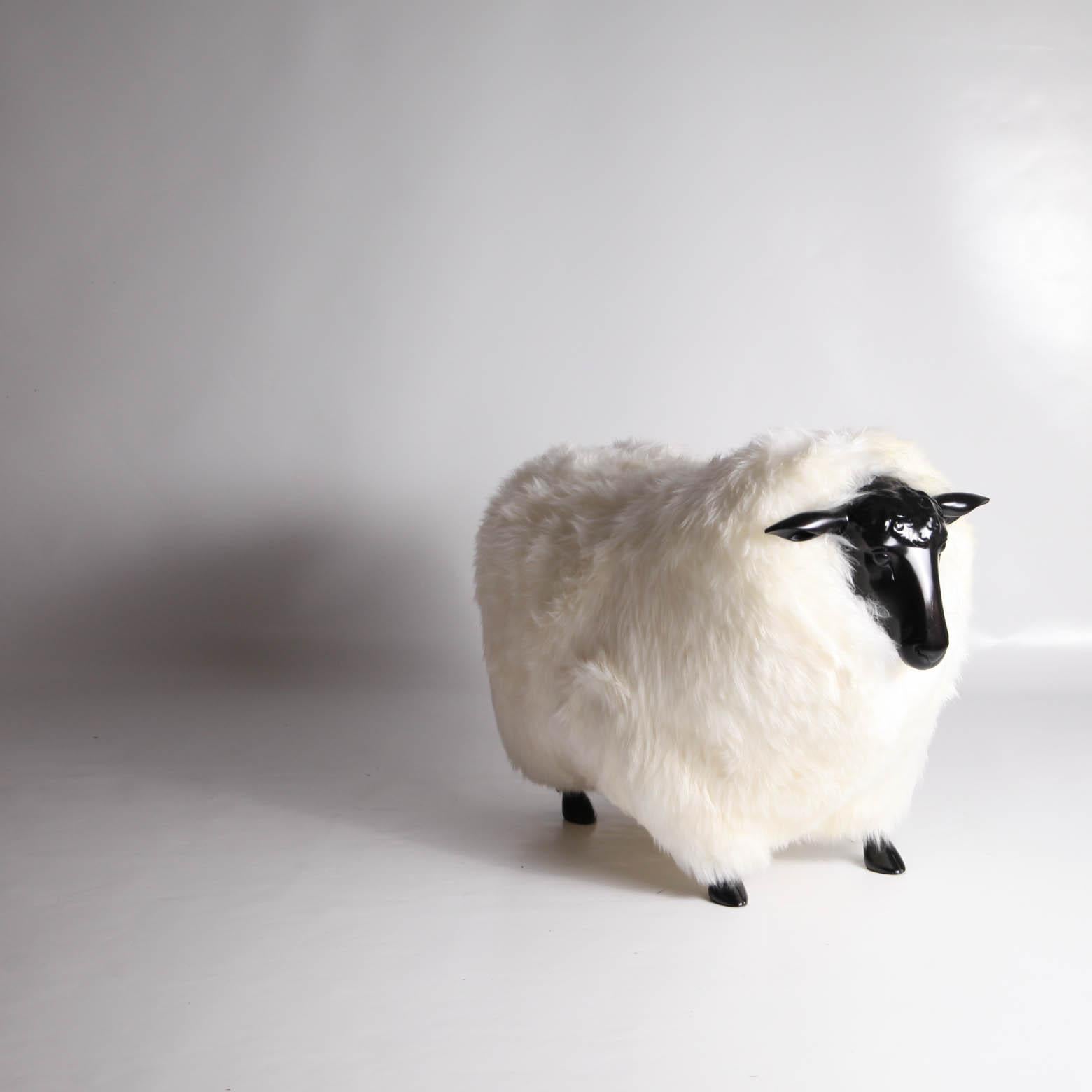 Sheep Sculpture / Footrest in Brass and Real Wool at 1stDibs