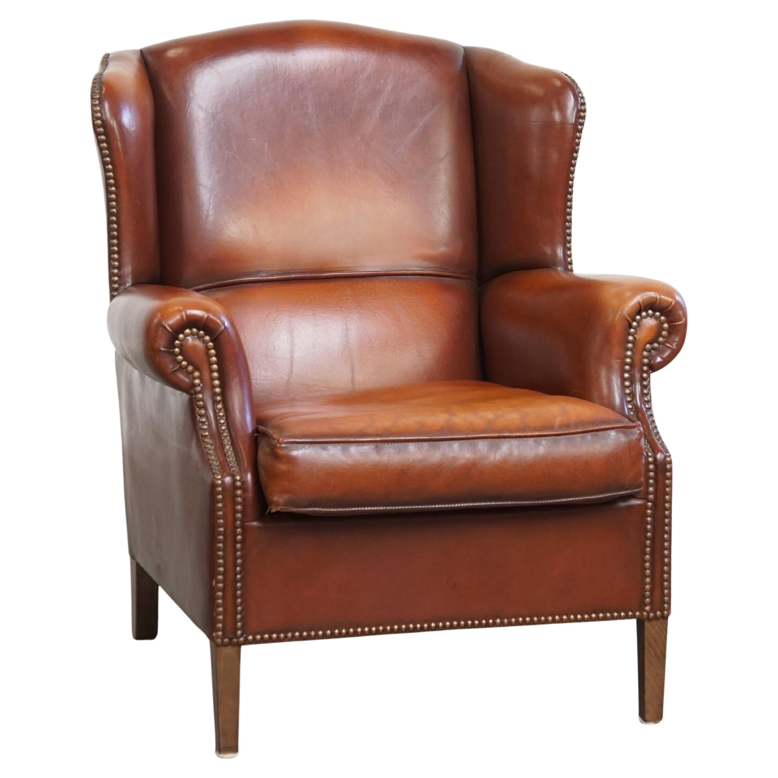 Vintage Wingback Chair Made from Sheepskin Leather For Sale at 1stDibs
