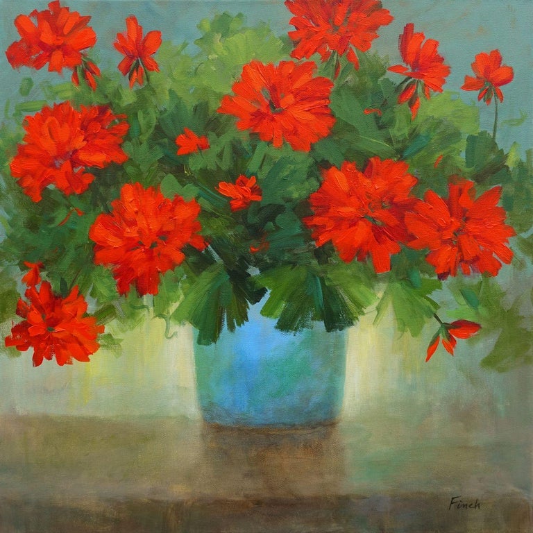 Sheila Finch - Red Geraniums in a Blue Pot, Painting, Oil on Canvas For ...