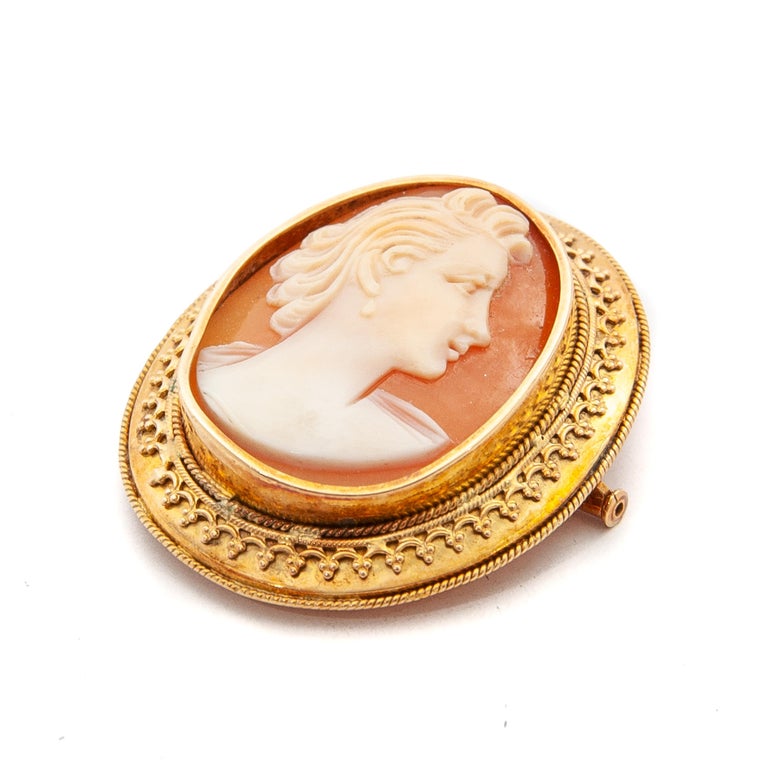 Vintage Shell Cameo 14 Karat Gold Brooch For Sale at 1stDibs