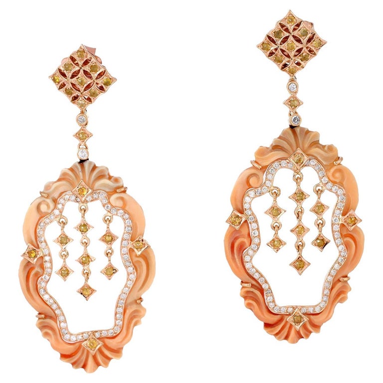 Shell cameo Dangle Earring With Diamonds Made In 18k Rose Gold For Sale ...