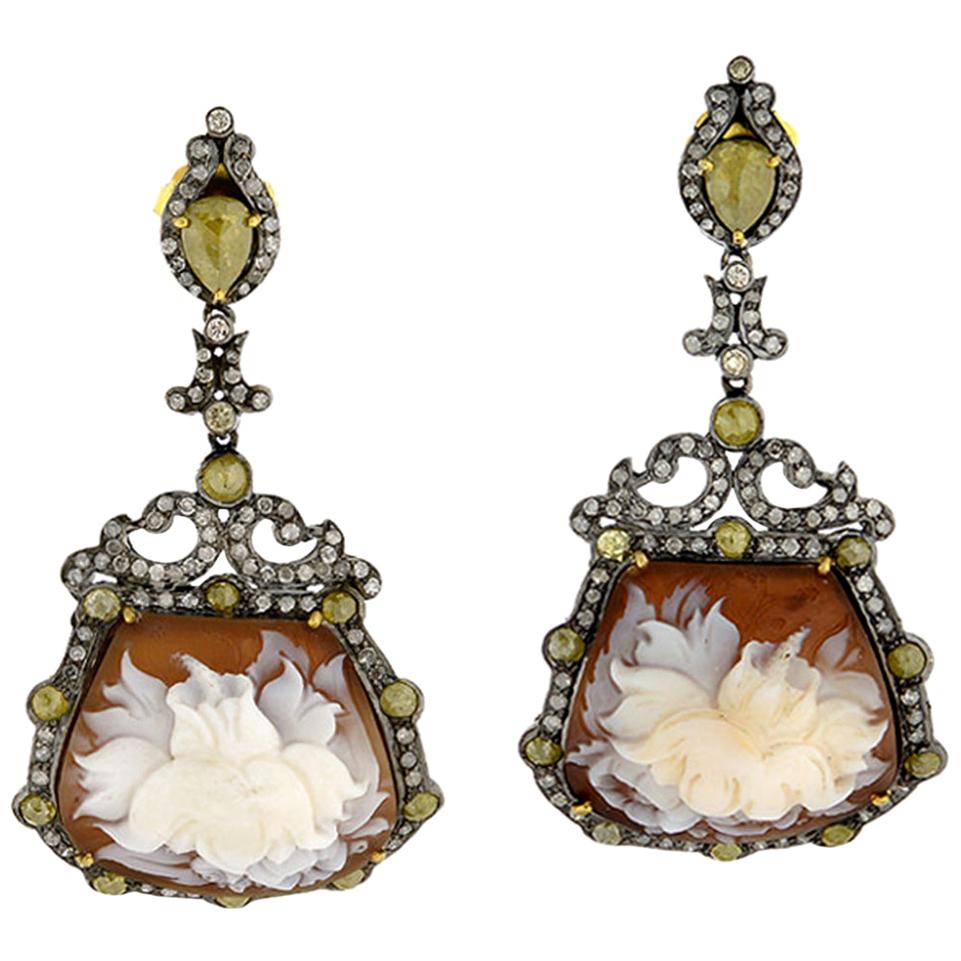 One of a Kind Hand Carved Shell Cameo with Diamond Motif Around For ...
