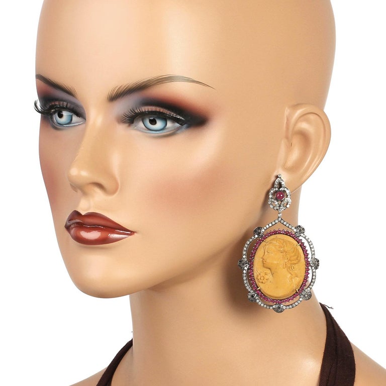 Carved Sardonyx Cameo Dangle Earrings With Ruby and Diamonds In 18k ...
