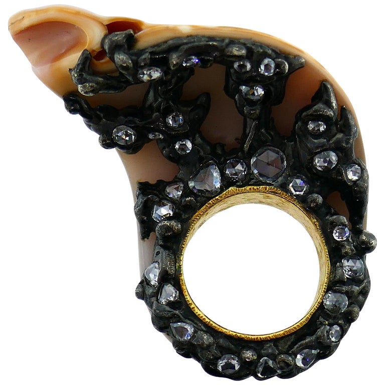 Shell Diamond Blackened Gold Ring For Sale (Free Shipping) at 1stDibs