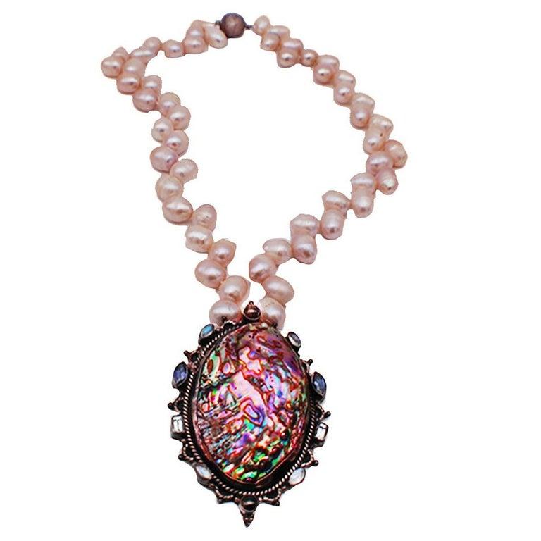 Shell Pendant with Aquamarine Sapphire and Gemstones with Pink Biwa ...