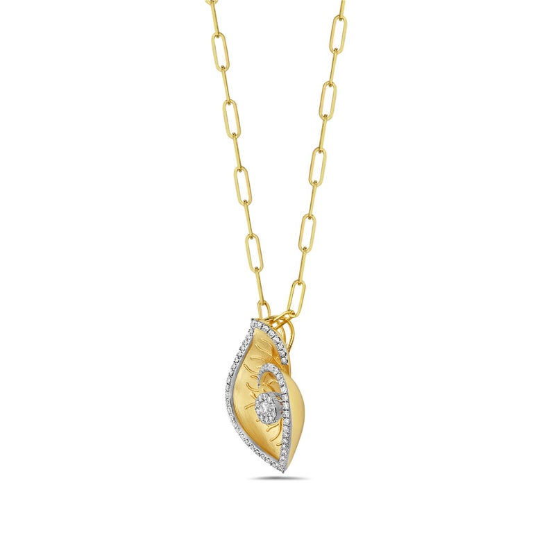 Shell Shaped Carved Pendant in 14k Yellow Gold Bordered with Pave ...
