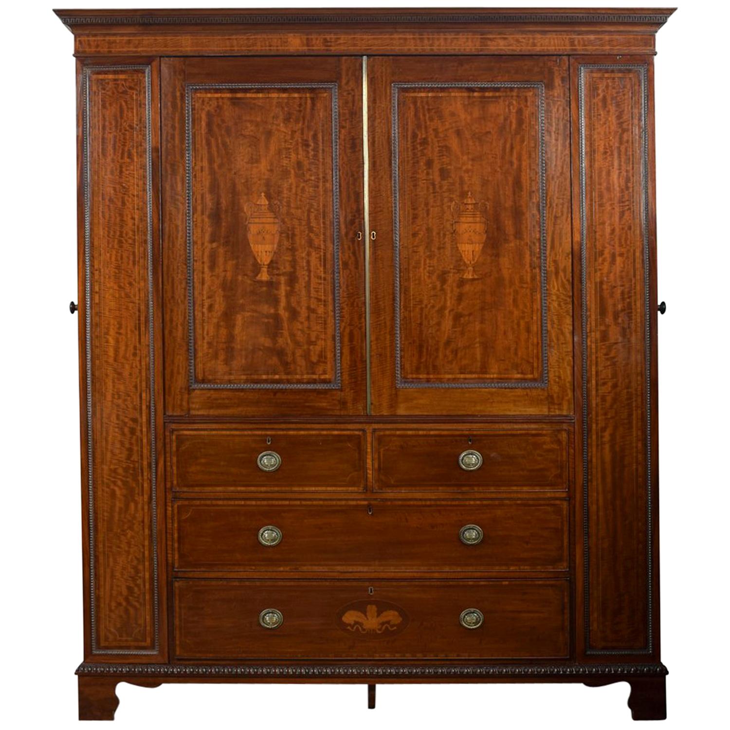 Sheraton Revival Mahogany Inlaid Combination Wardrobe at 1stDibs