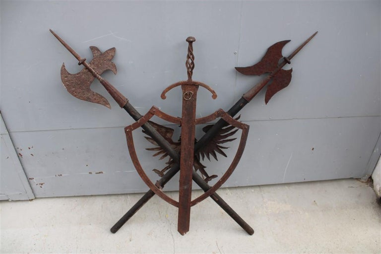 Shield in Wrought Iron and Wood with Swords, Axes and Eagle, Italy ...