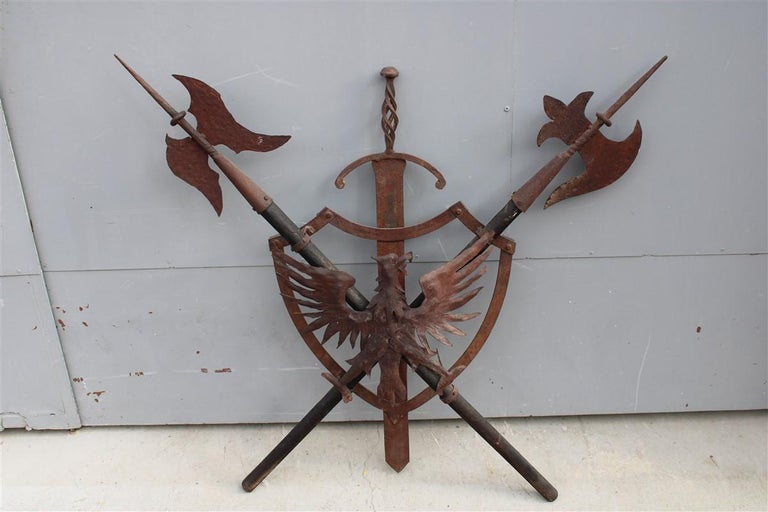 Shield in Wrought Iron and Wood with Swords, Axes and Eagle, Italy ...