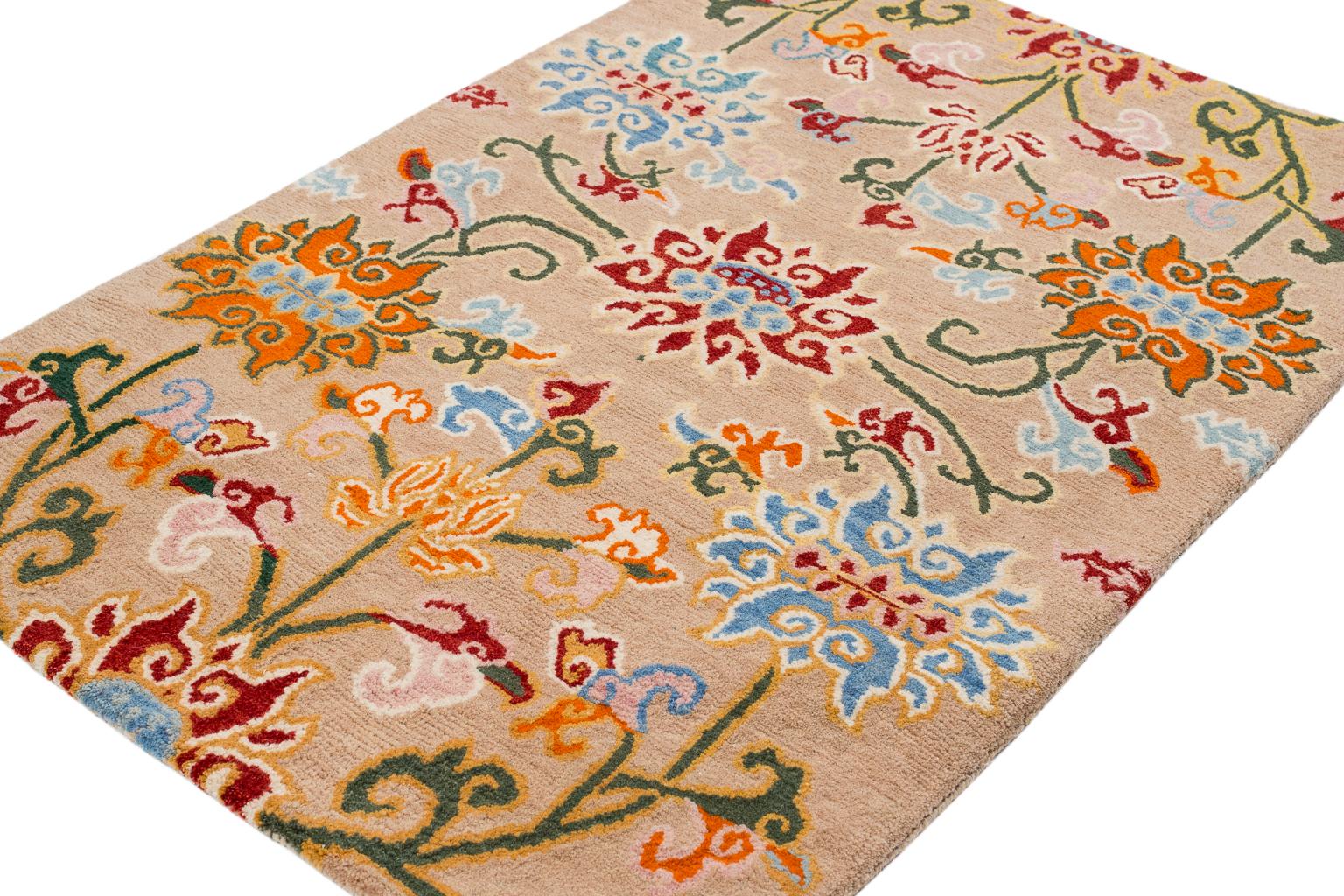 Tibetan Wool Floral Handwoven Rug by CARINI For Sale at 1stDibs
