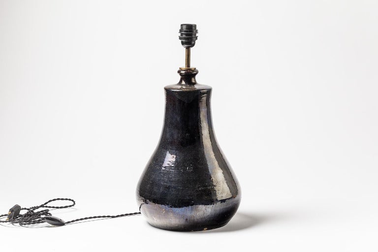 Shiny Black Important Ceramic Table Lamp circa 1970 Made in France For ...