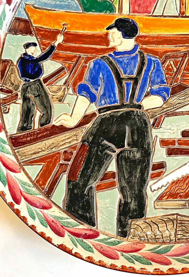 "Shipbuilding in Brittany," Unique Art Deco Bowl in Blue, Deep Pink by ...