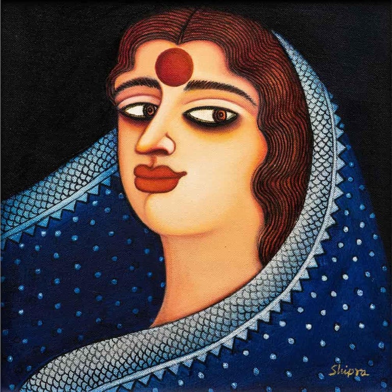 Shipra Bhattacharya - She, Acrylic and Oil on Canvas, Blue, Yellow, Red ...