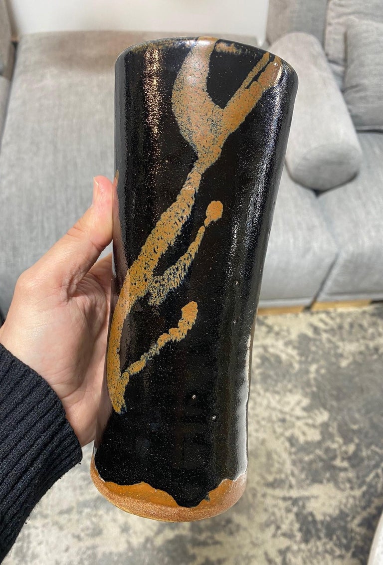 Shoji Hamada Tenmoku Glaze and Kaki Trailing Vase and Original Signed ...