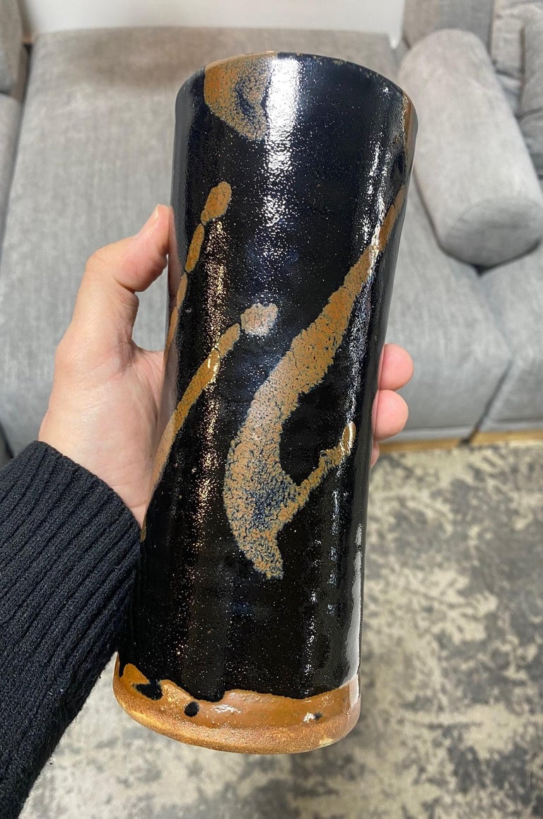 Shoji Hamada Tenmoku Glaze and Kaki Trailing Vase and Original Signed ...