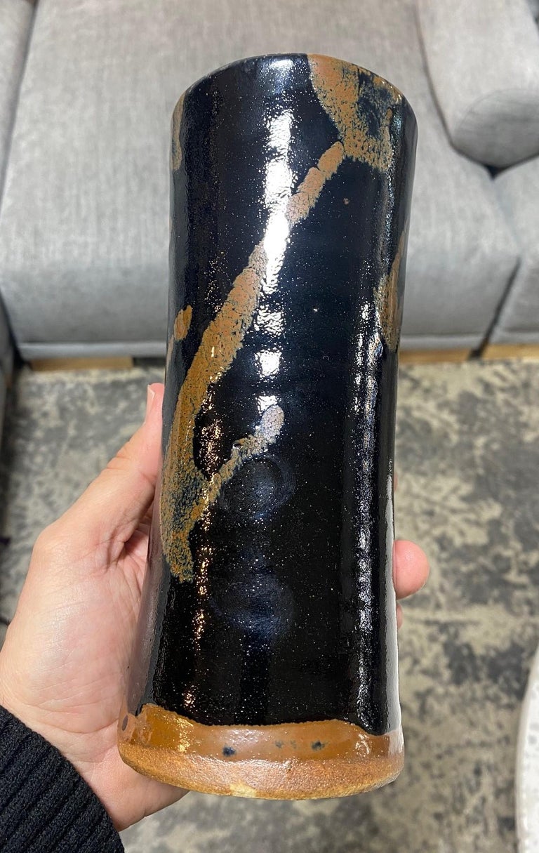 Shoji Hamada Tenmoku Glaze and Kaki Trailing Vase and Original Signed ...