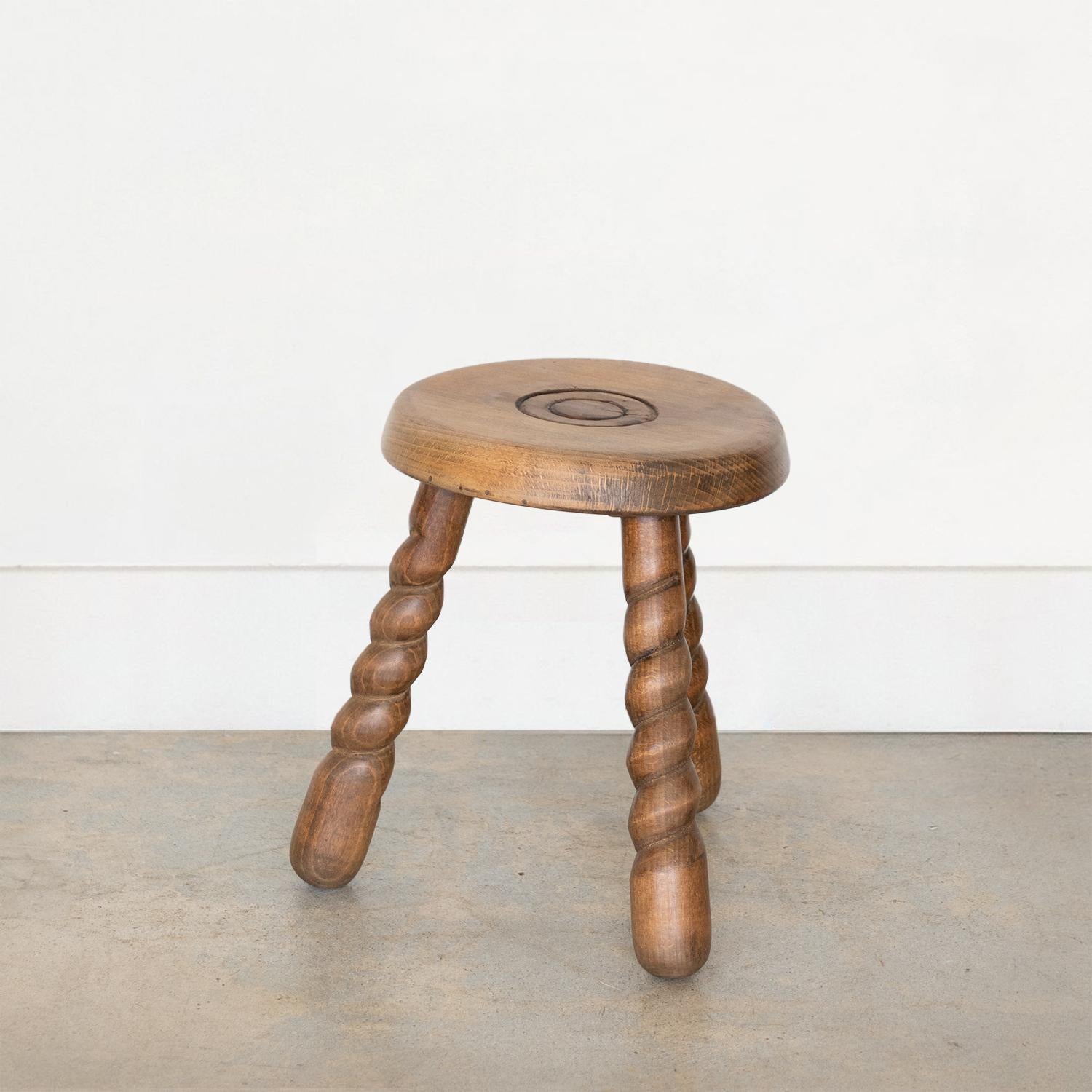 Short French Wood Tripod Stool with Twisted Legs For Sale at 1stDibs