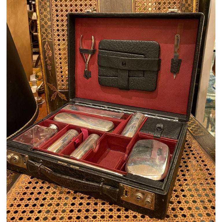 Shreve and Co Sterling Silver Vanity Travel Dresser Set in Leather Case ...