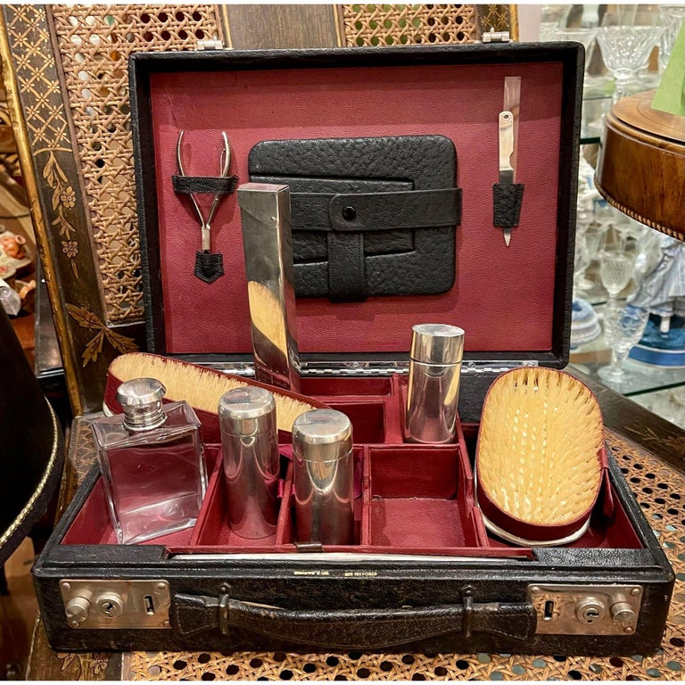 Shreve and Co Sterling Silver Vanity Travel Dresser Set in Leather Case ...