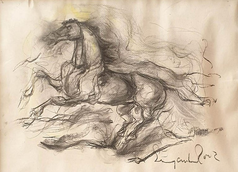 Shyam Kanu Borthakur - Horse, Conte Mixed Media on Paper, Black color ...