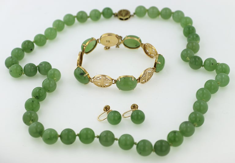 Siberian Nephrite Jade, 14k Gold Necklace, Bracelet and Earrings ...