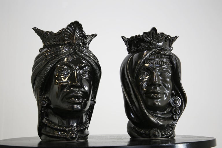Sicilian Moorish Heads Pair in Polished Lava Stone, Limited Edition For ...