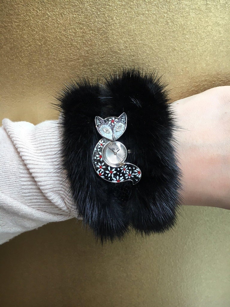 Wristwatch White Gold White Diamond Fur and Python Strap Hand Decorated ...