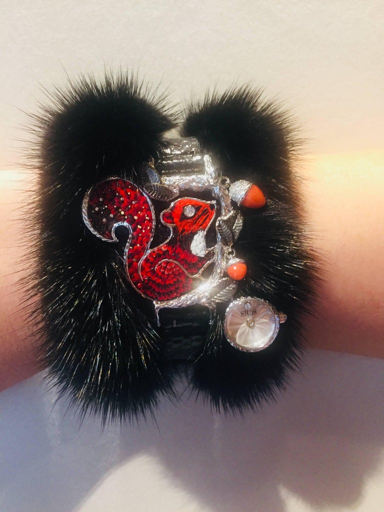 Wristwatch White Gold White Diamonds Corals Fur and Python Strap ...