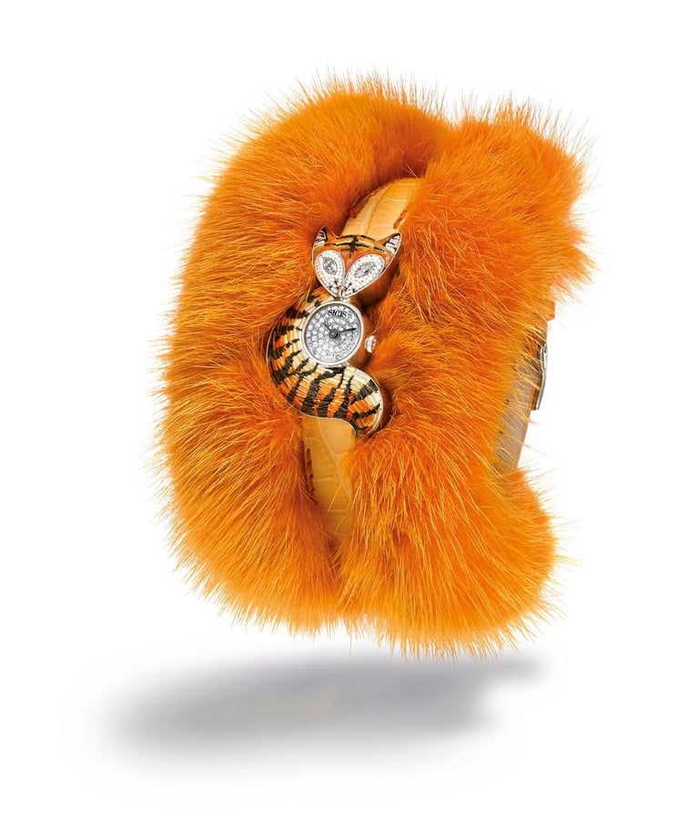 Stylish Wristwatch Yellow Gold White Diamonds Fur and Alligator Strap ...