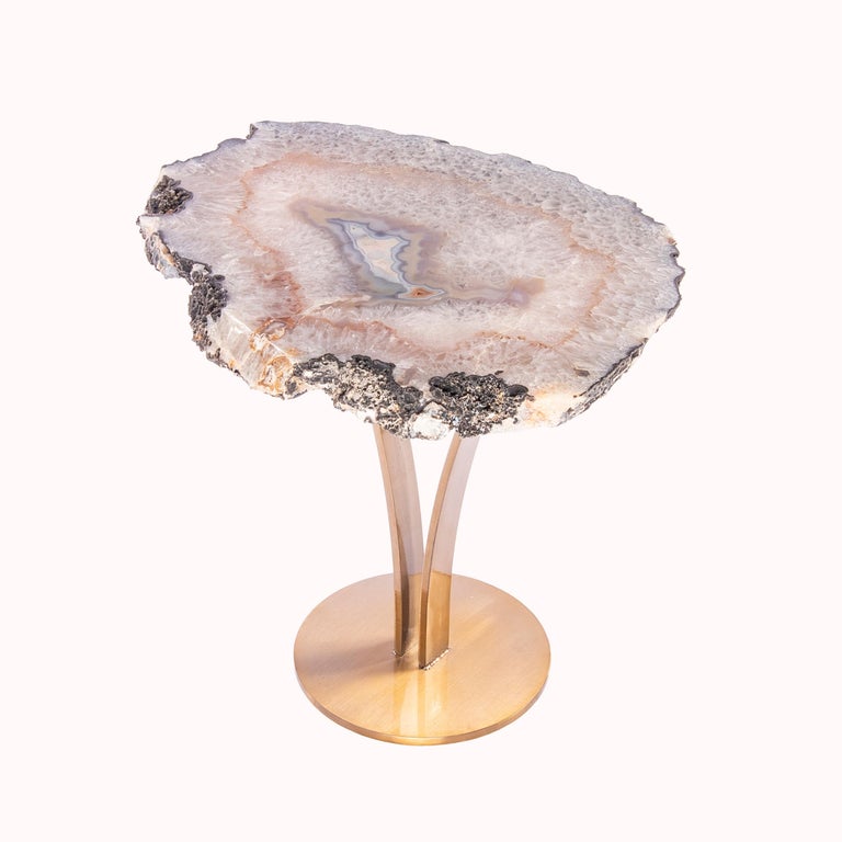 Side or Cocktail Table, Brazilian Agate with Gold Color Metal Base at ...