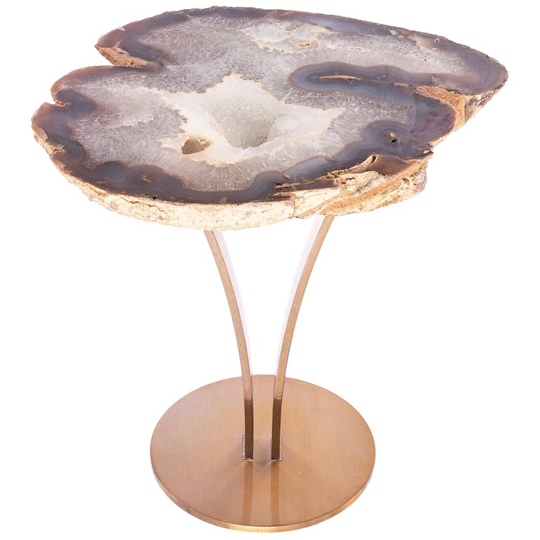 Side or Cocktail Table, Brazilian Agate with Gold Color Metal Base at ...