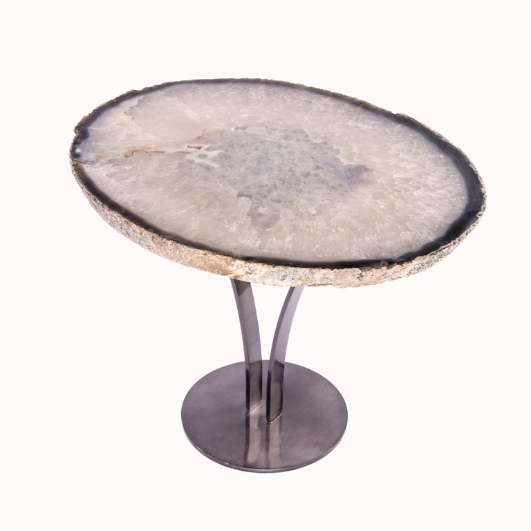 Side or Cocktail Table, Oval Brazilian Agate with Smoky Grey Color ...