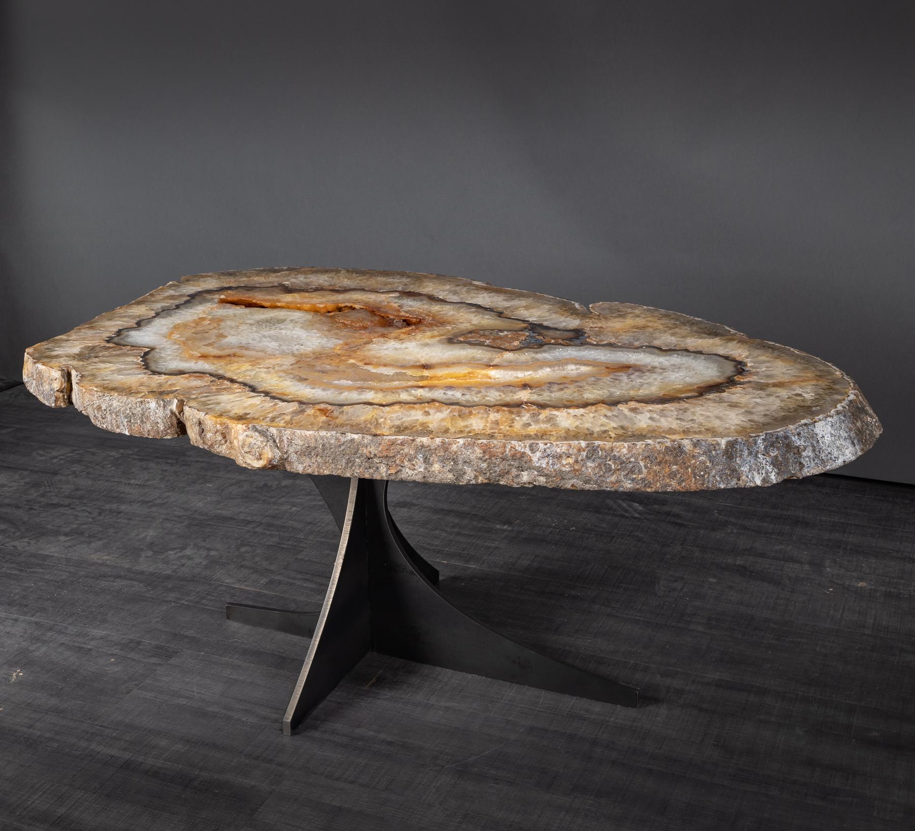 Side or Coffee Table, Brazilian Agate with Gold Color Metal Base at 1stDibs