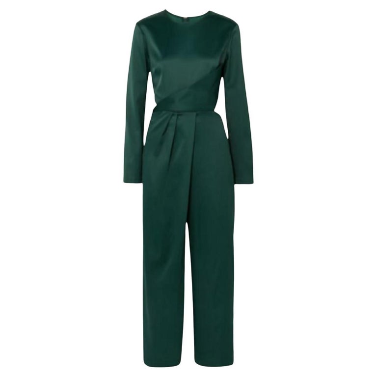 Sies Marjan Pia Bottle Green Satin Cut-Out Waist Jumpsuit For Sale at ...