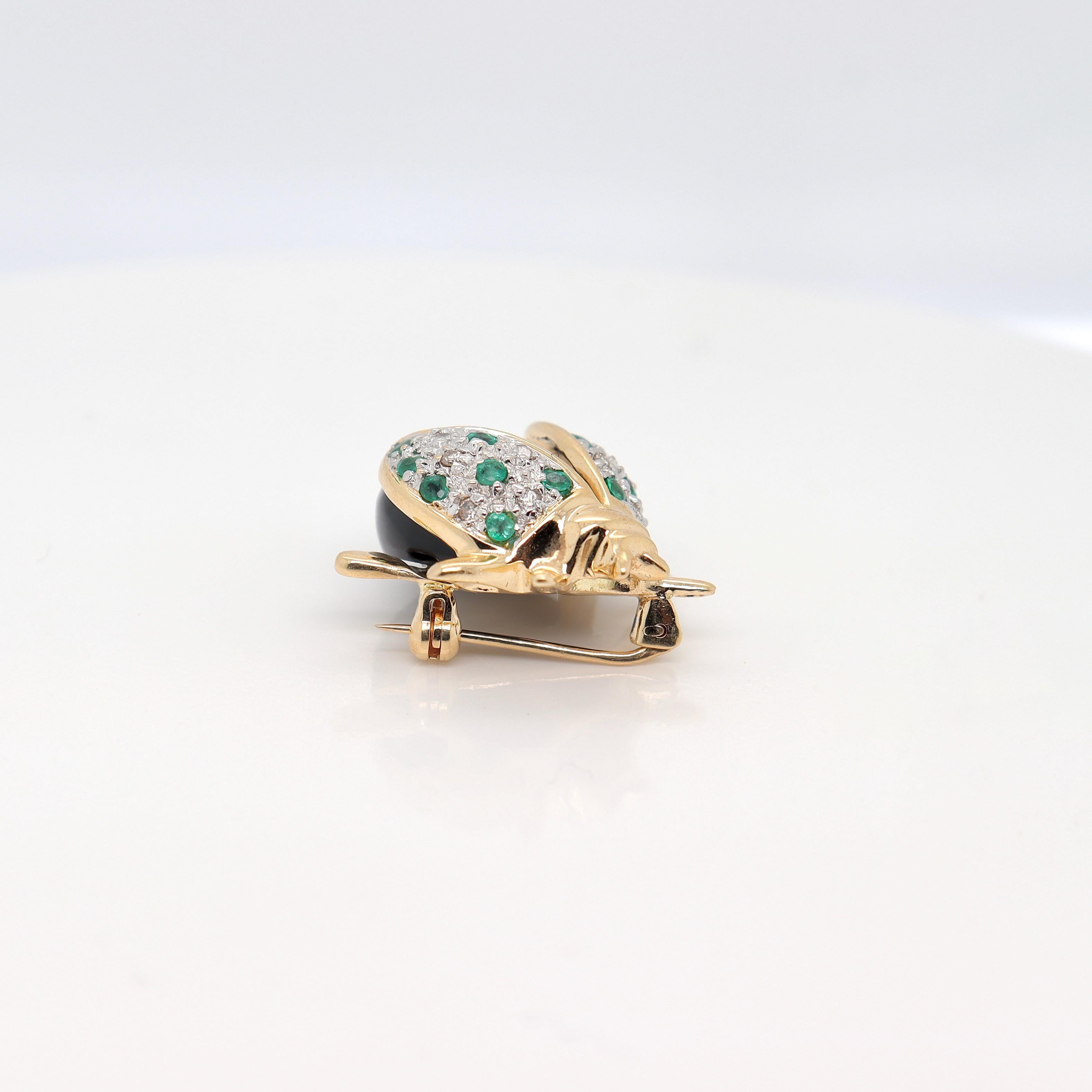 Signed 14K Gold, Diamond, Emerald, and Onyx Ladybug / Ladybird Brooch ...