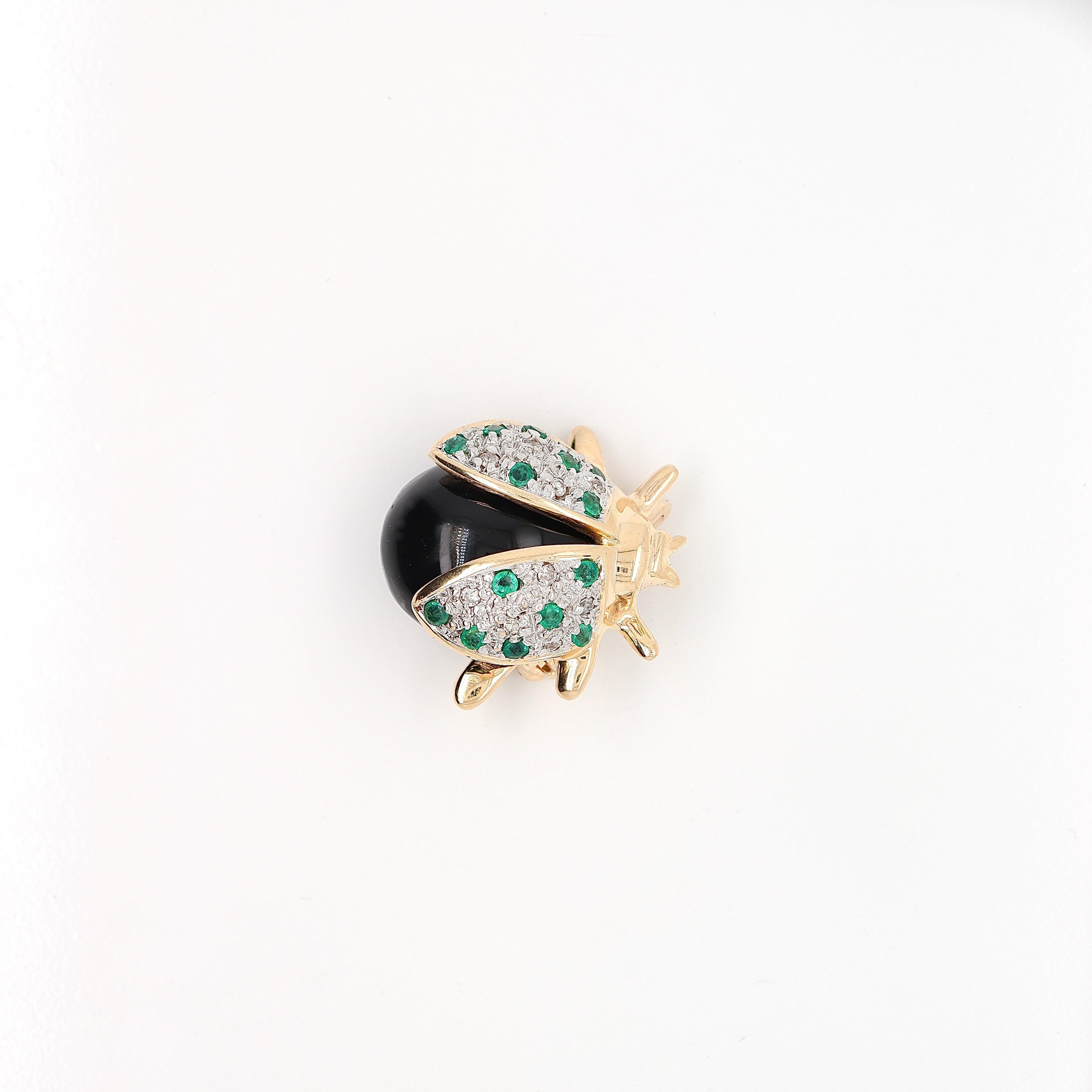 Signed 14K Gold, Diamond, Emerald, and Onyx Ladybug / Ladybird Brooch ...