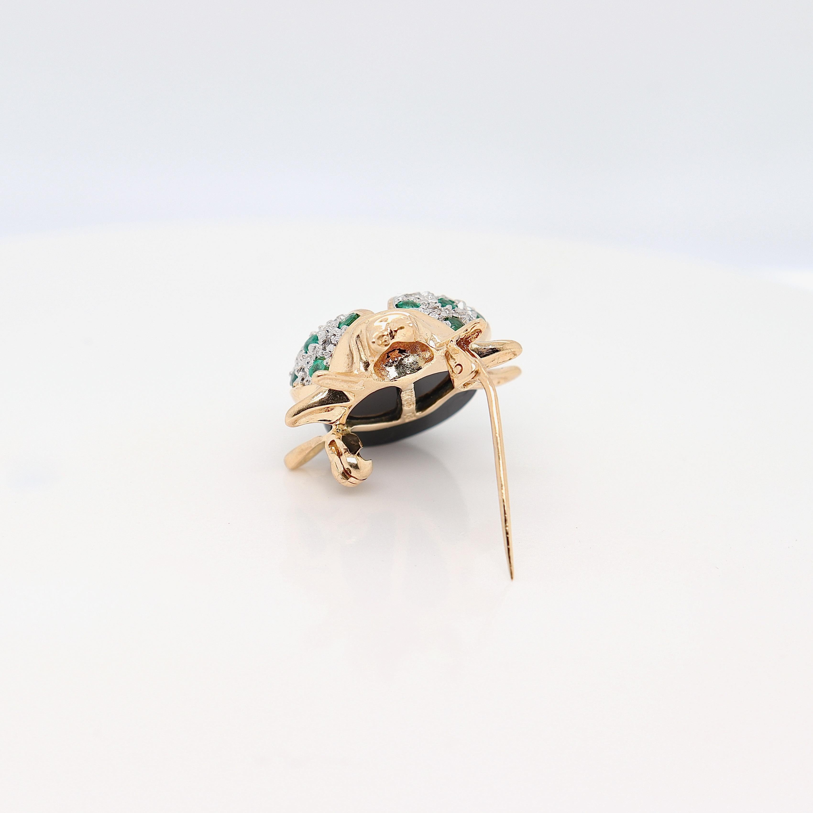 Signed 14K Gold, Diamond, Emerald, and Onyx Ladybug / Ladybird Brooch ...