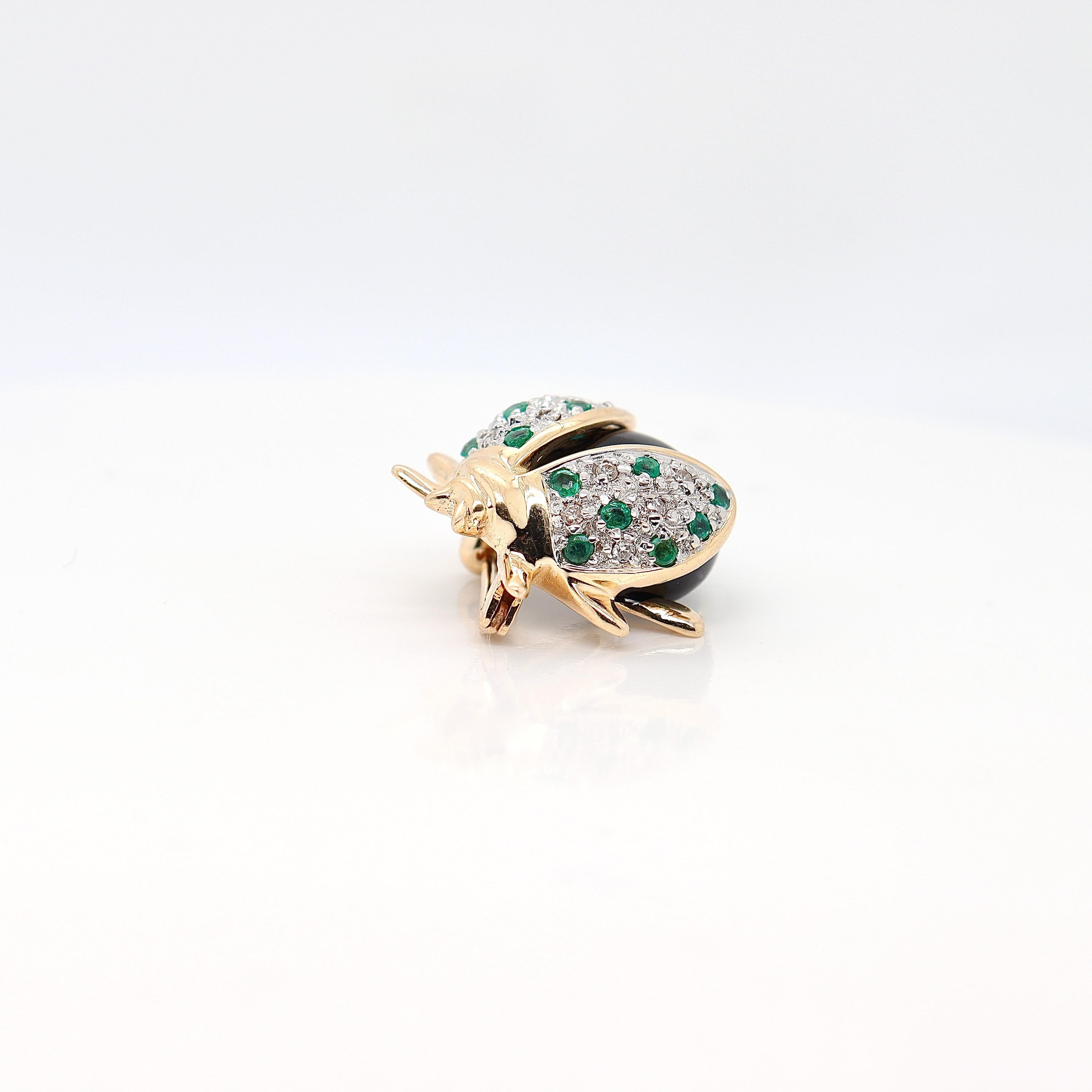 Signed 14K Gold, Diamond, Emerald, and Onyx Ladybug / Ladybird Brooch ...