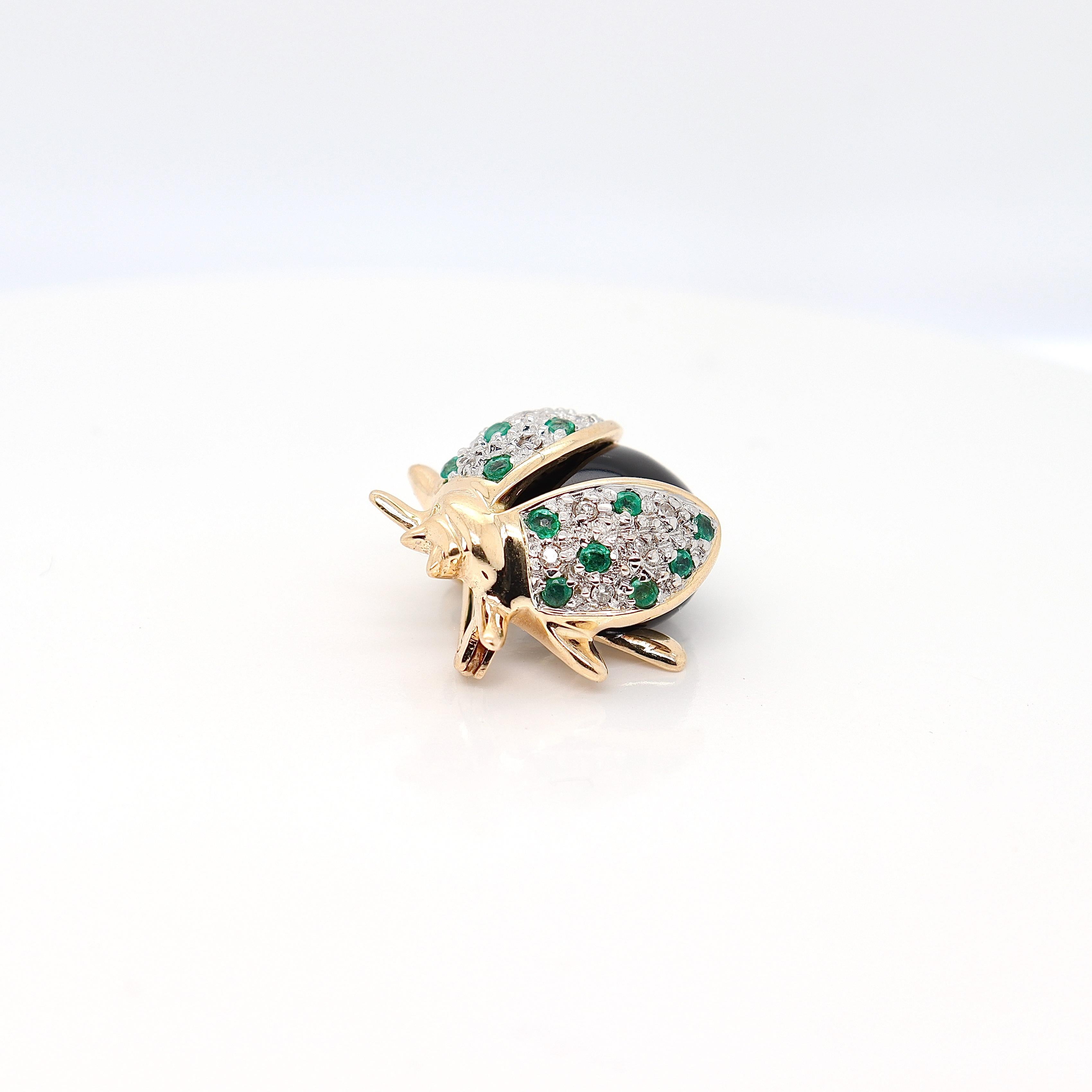 Signed 14K Gold, Diamond, Emerald, and Onyx Ladybug / Ladybird Brooch ...