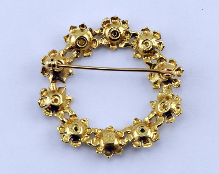 Signed 14 Karat Gold Flower Wreath Brooch Pin with Pearls and Turquoise ...